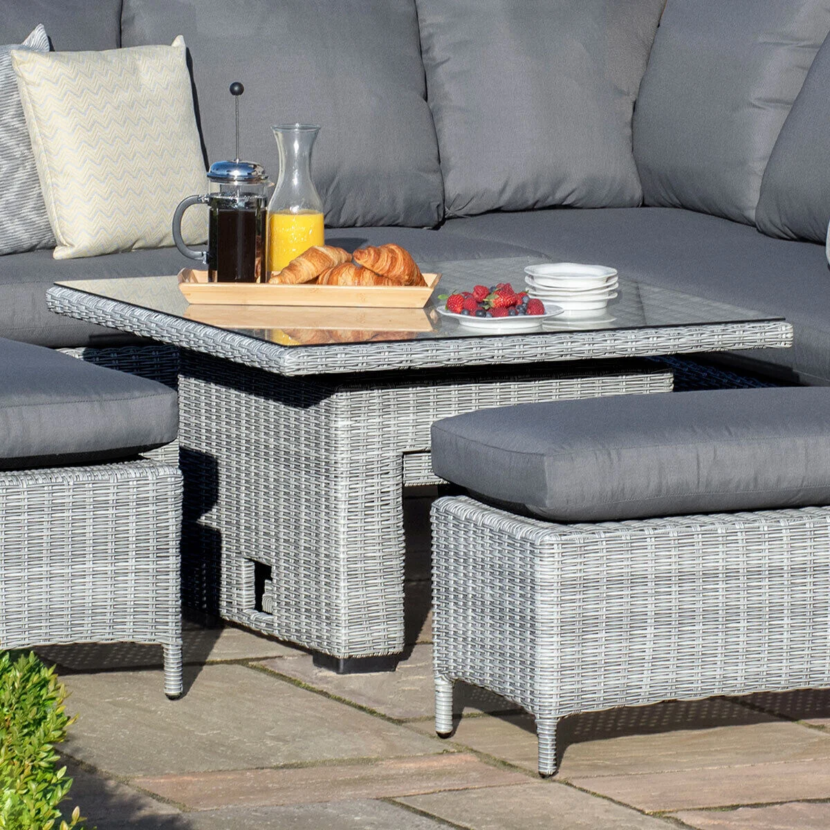 Ascot Square Rattan Corner Dining Set with Rising Table & Weatherproof Cushions – PurelyGarden
